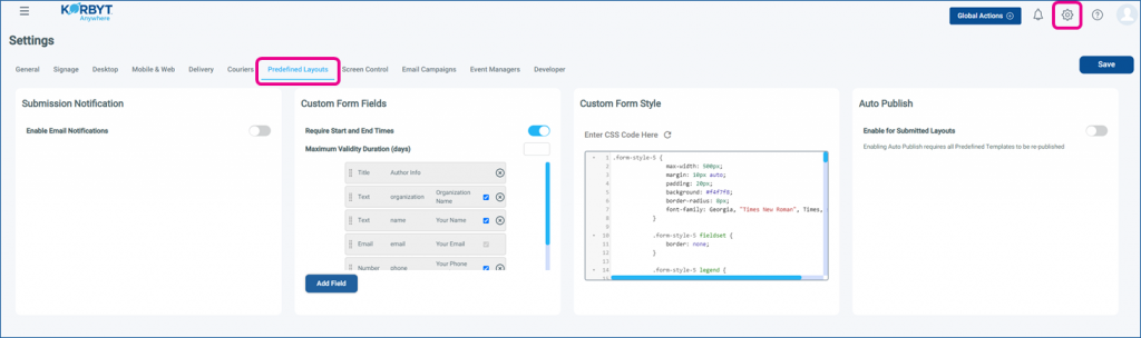 Predefined Layouts for Web Based Submission | Korbyt Knowledge Base